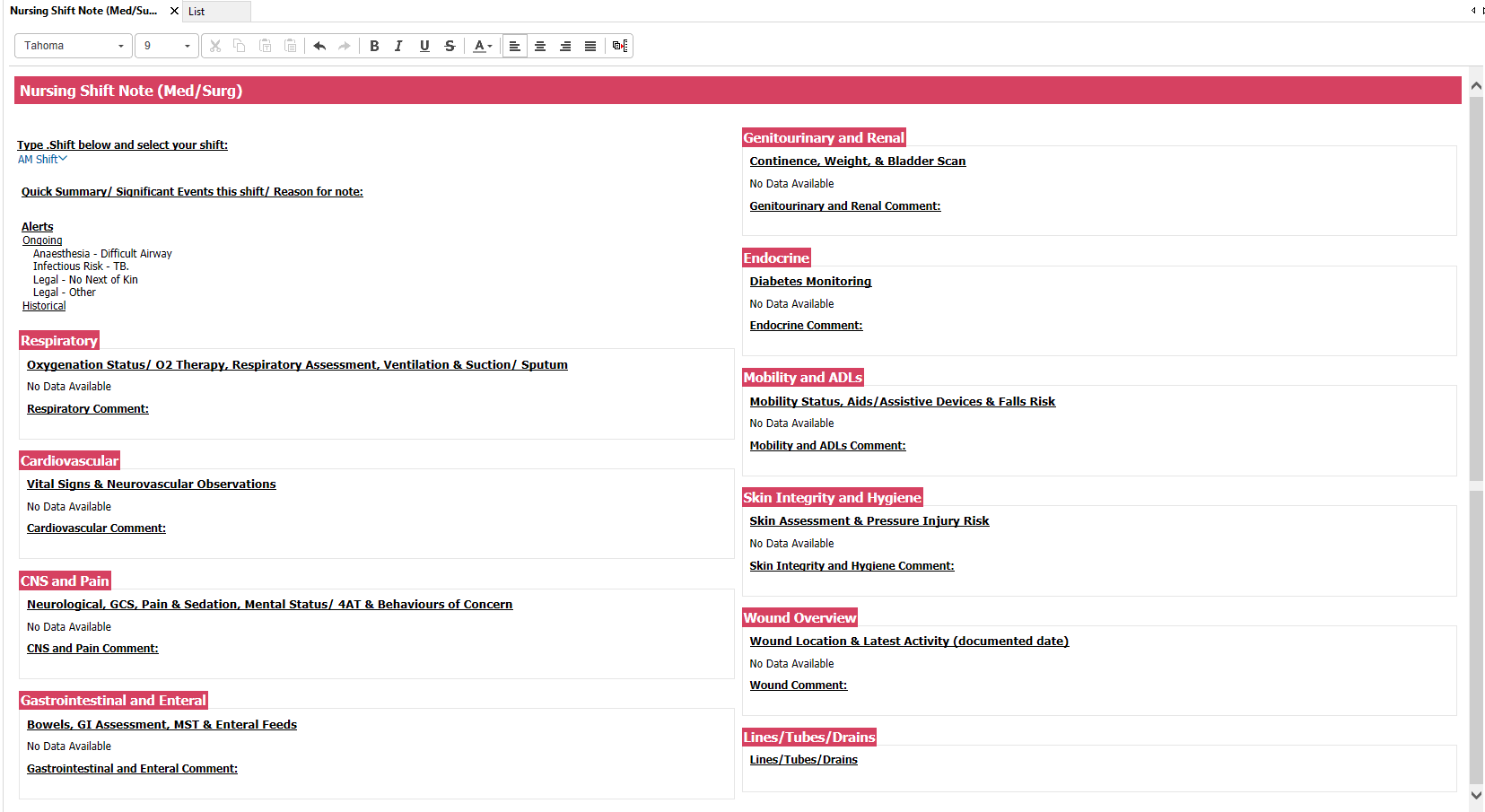 New Nursing Shift note (Medical/Surgical)